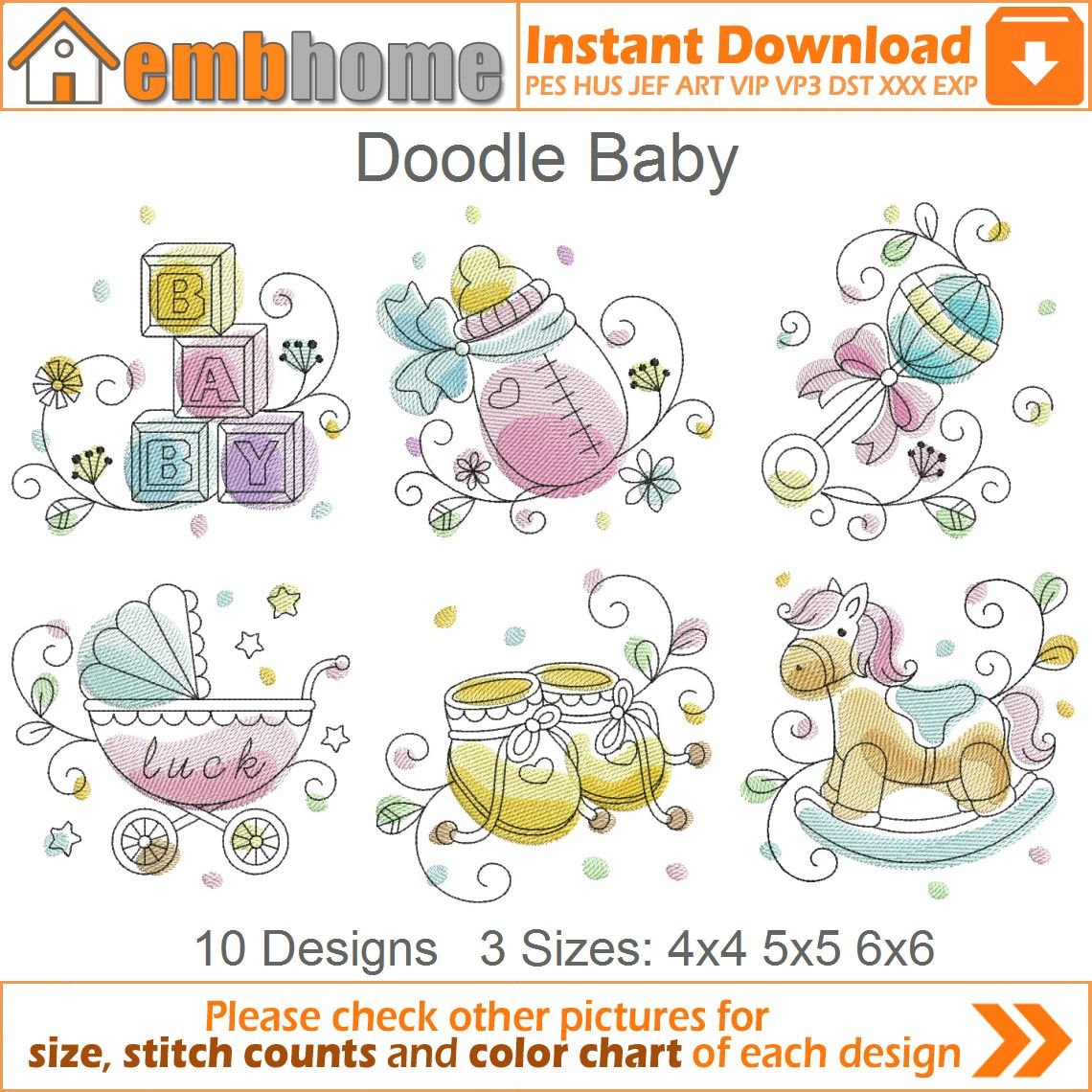 Doodle Baby Machine Embroidery Designs Instant Download 4x4 5x5 6x6 ...