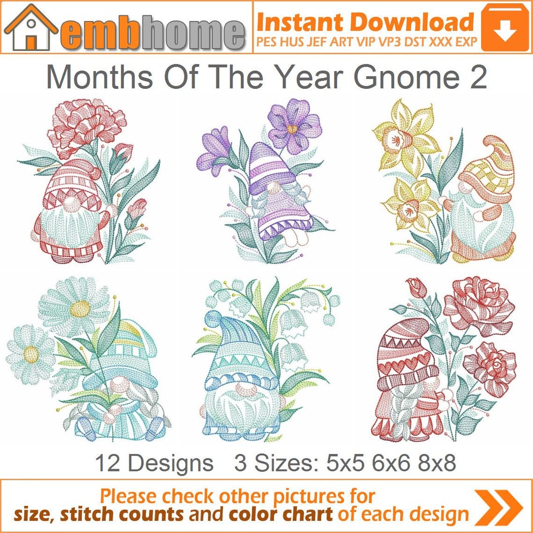 Months of the Year Gnome Embroidery Designs Instant Download 5x5 6x6 ...
