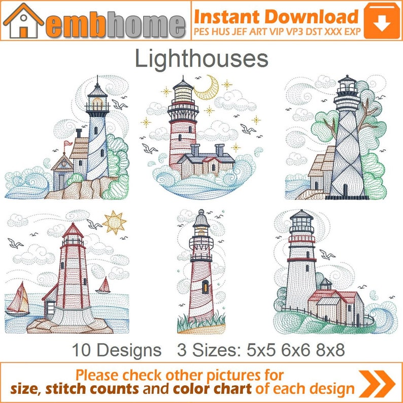 Lighthouses Machine Embroidery Designs Pack Instant Download - Etsy