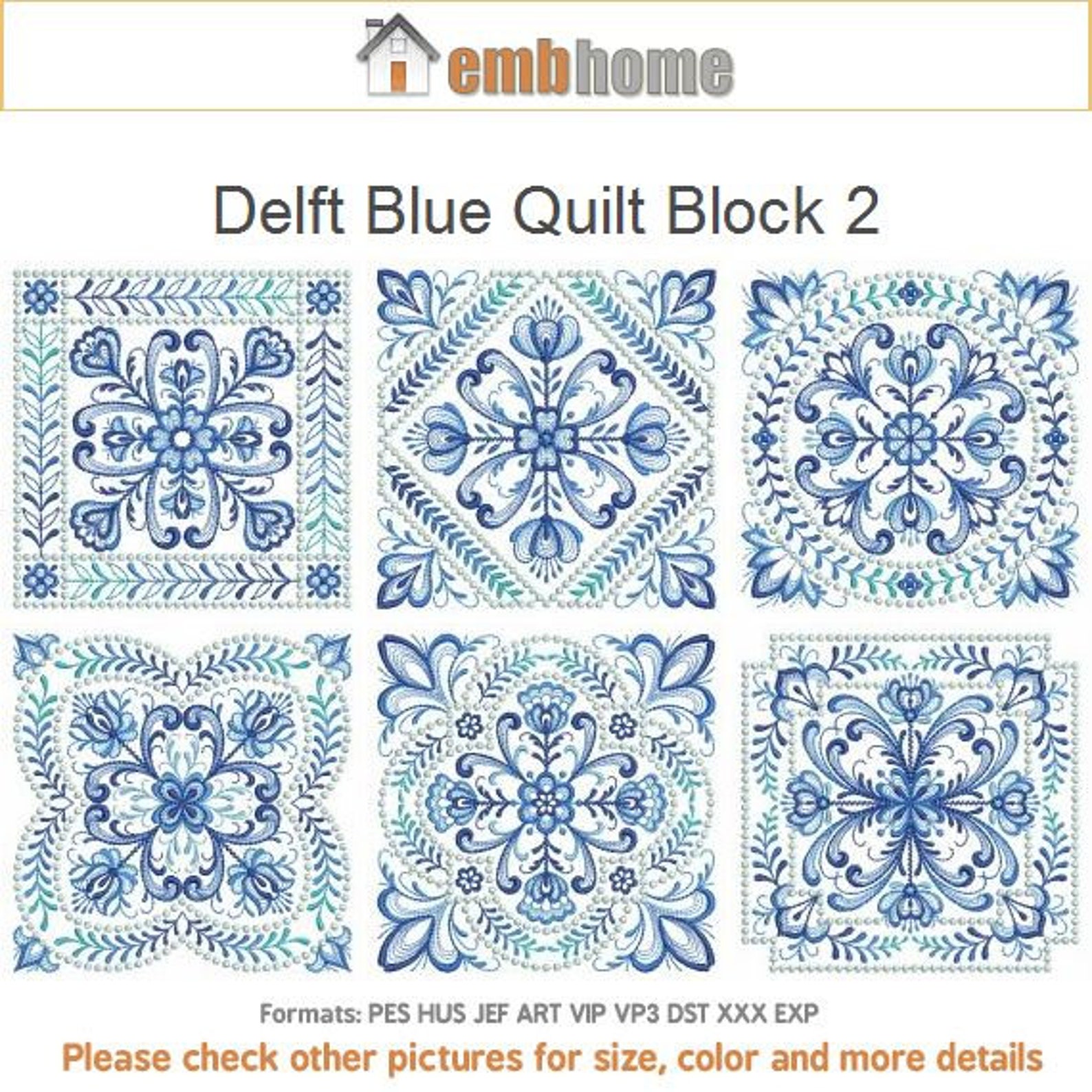 Delft Blue Quilt Block Machine Embroidery Designs Instant - Etsy