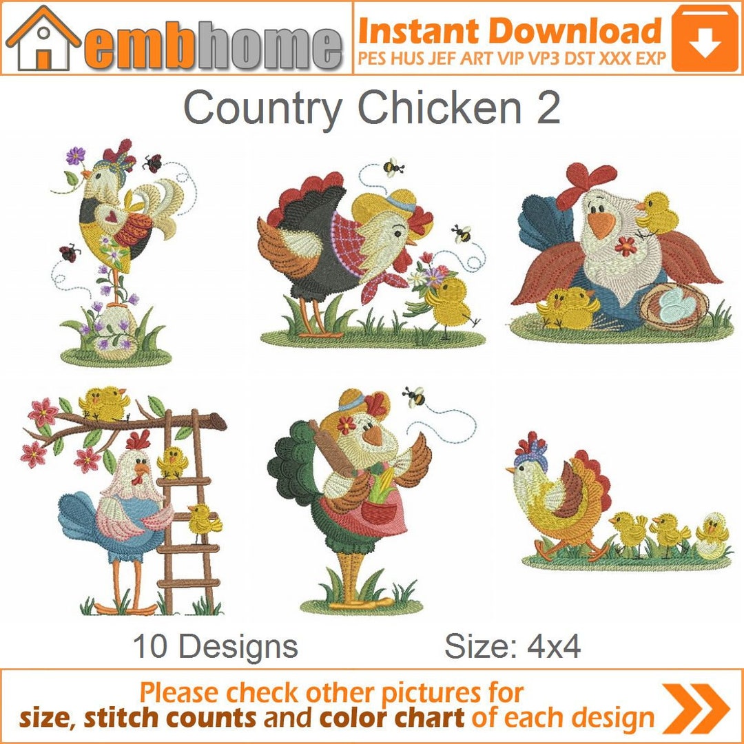 Country Chicken Machine Embroidery Designs Instant Download 4x4 Hoop 10 ...