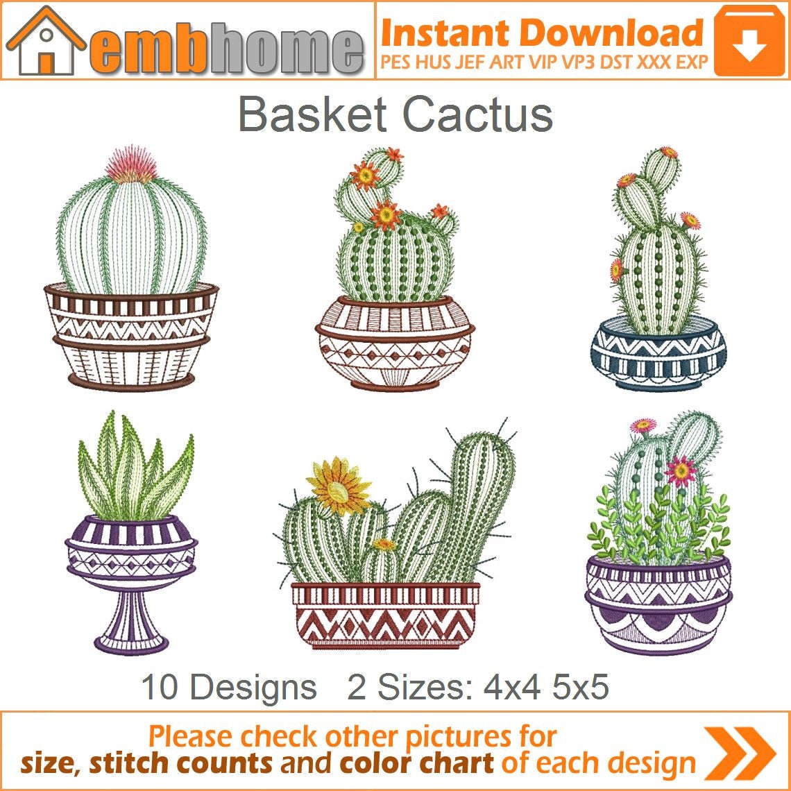 Basket Cactus Machine Embroidery Designs Instant Download 4x4 - Etsy