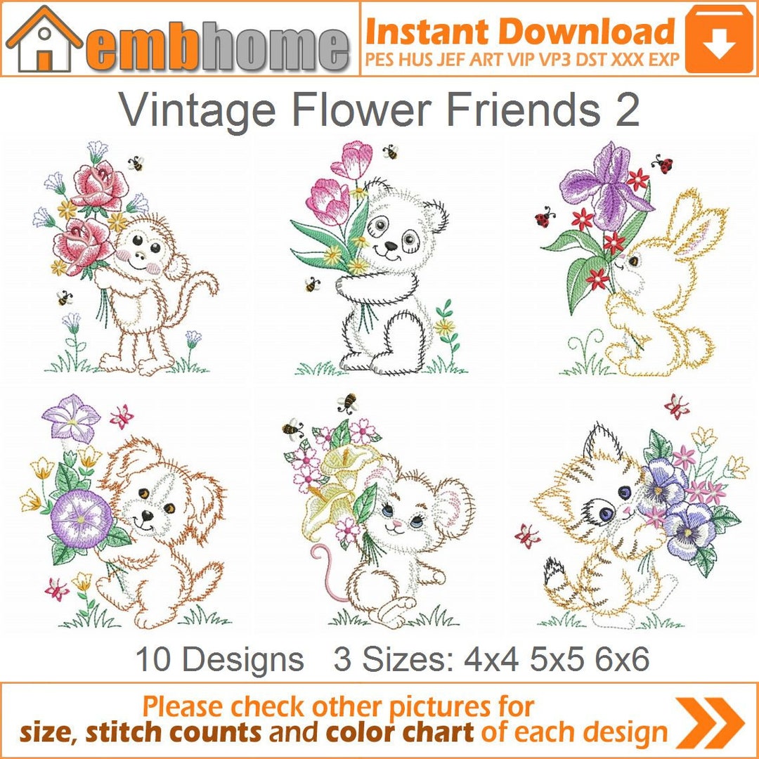 Vintage Flower Friends Machine Embroidery Designs Pack Instant Download ...