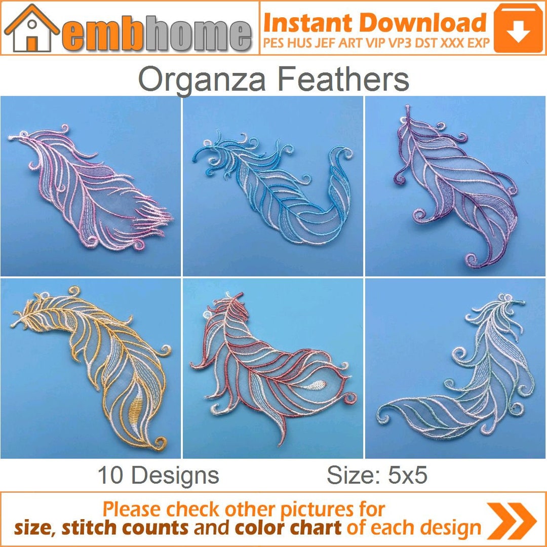 Organza Feathers Machine Embroidery Designs Instant Download 5x5 Hoop ...