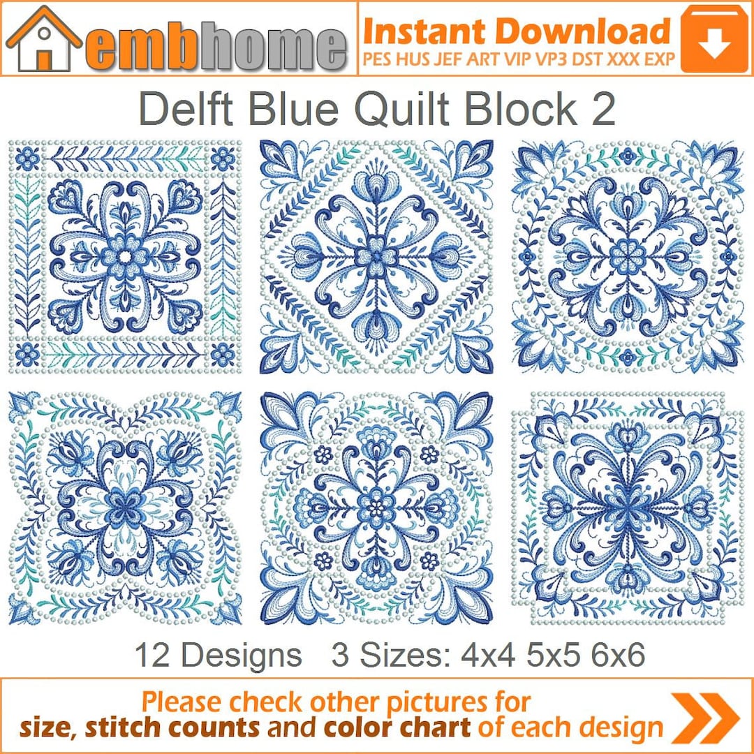 Delft Blue Quilt Block Machine Embroidery Designs Instant Download 4x4 ...