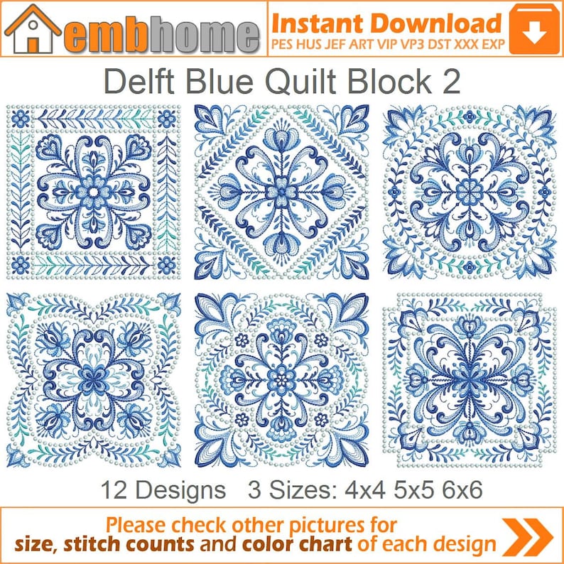 Delft Blue Quilt Block Machine Embroidery Designs Instant Download 4x4 ...