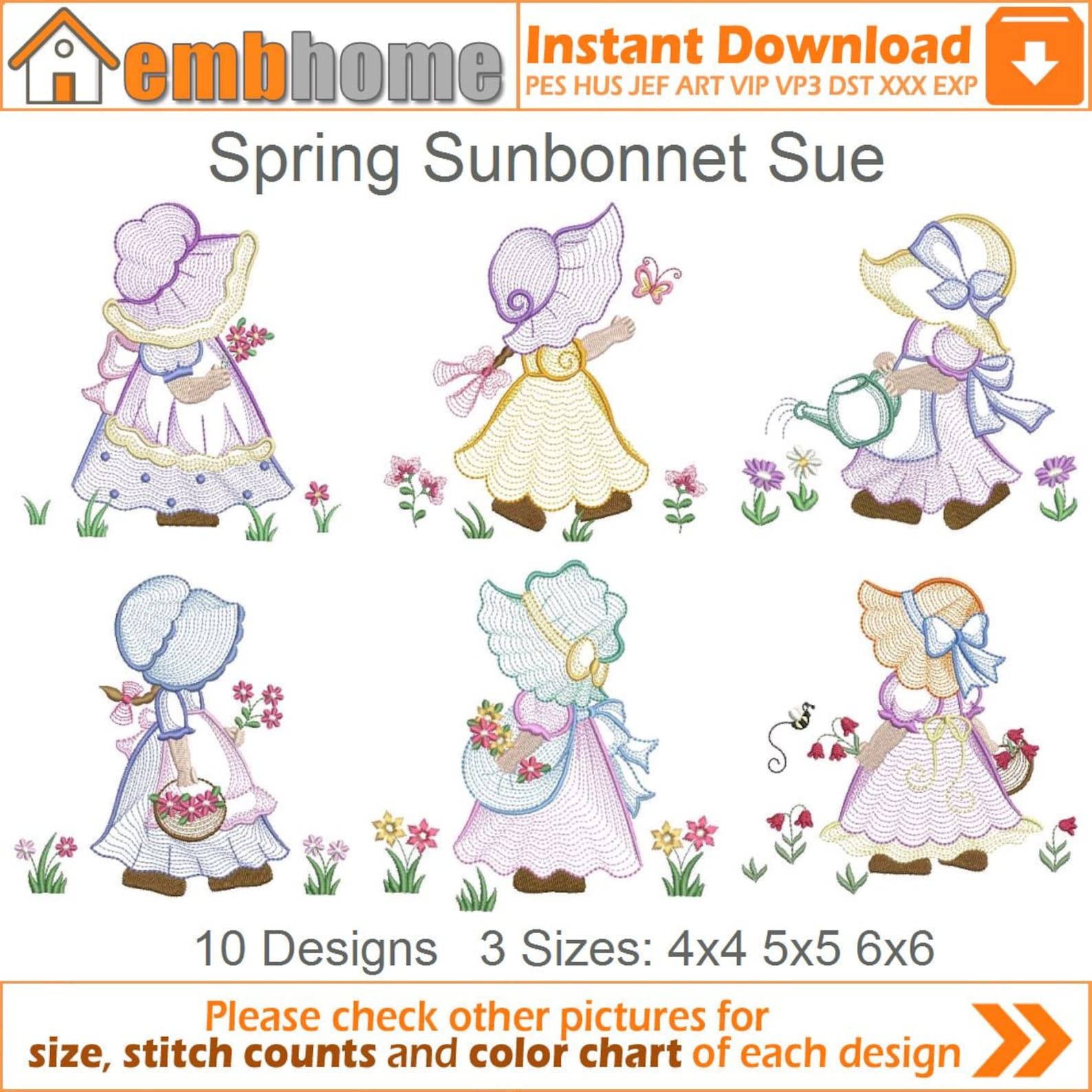 Spring Sunbonnet Sue Embroidery Designs Instant Download 4x4 5x5 6x6 Hoop 10 Designs SHE5045 - Etsy