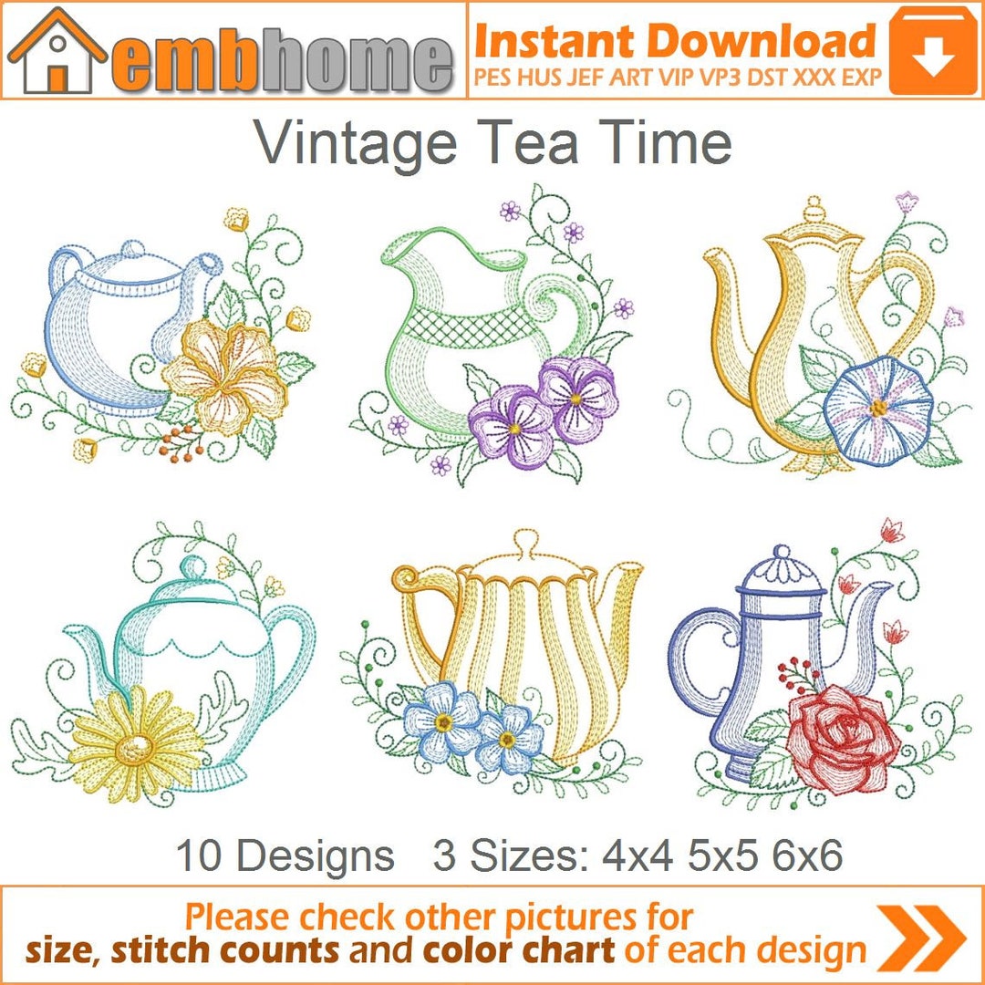 Vintage Tea Time Machine Embroidery Designs Instant Download 4x4 5x5 ...