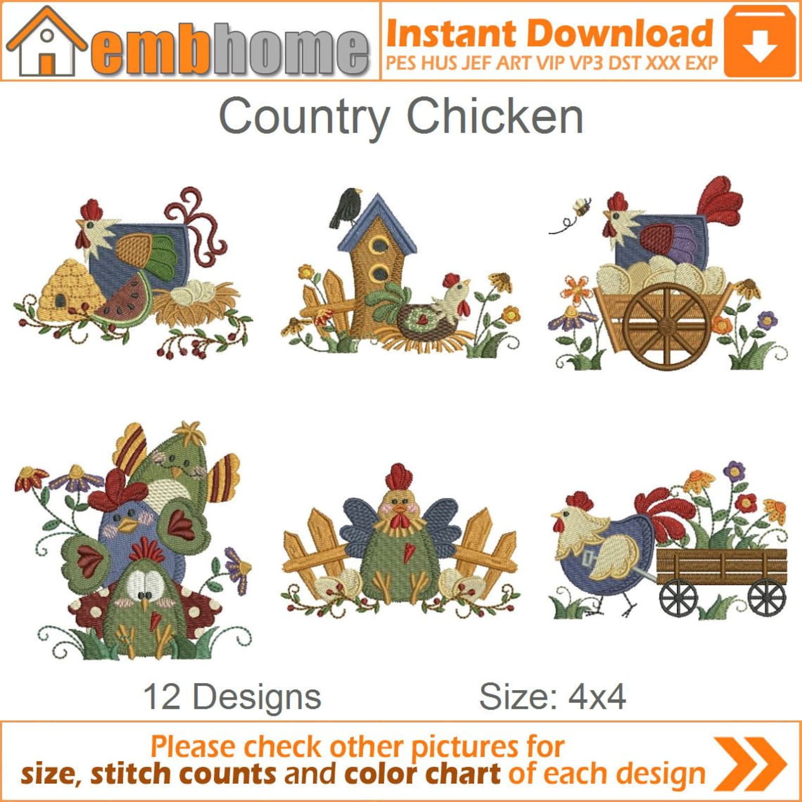 Country Chicken Machine Embroidery Designs Instant Download 4x4 Hoop 12 ...
