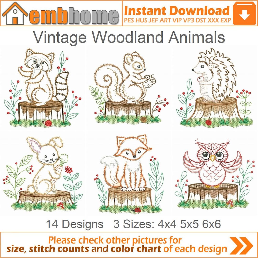Vintage Woodland Animals Machine Embroidery Designs Instant Download ...