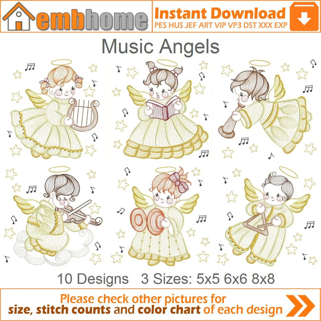 Rippled Music Angels Machine Embroidery Designs Pack Instant Download ...
