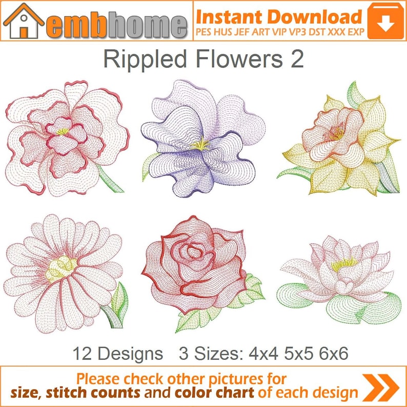 Rippled Flowers Machine Embroidery Designs Pack Instant - Etsy