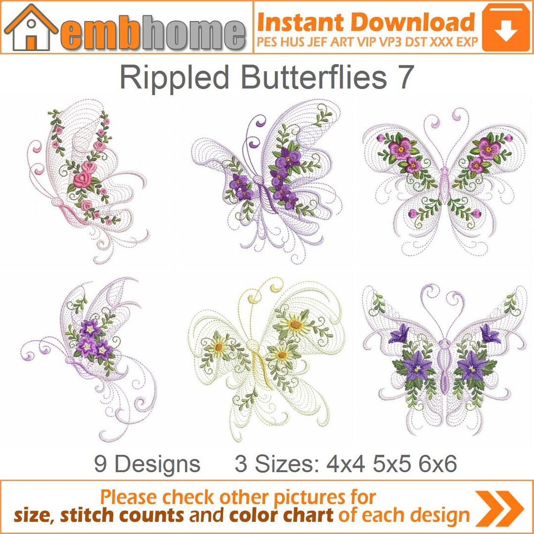 Rippled Butterflies Machine Embroidery Designs Instant Download 4x4 5x5 ...