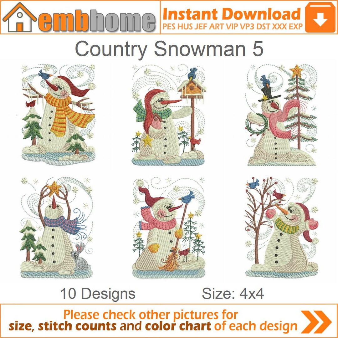 Country Snowman Machine Embroidery Designs Instant Download 4x4 Hoop 10 ...