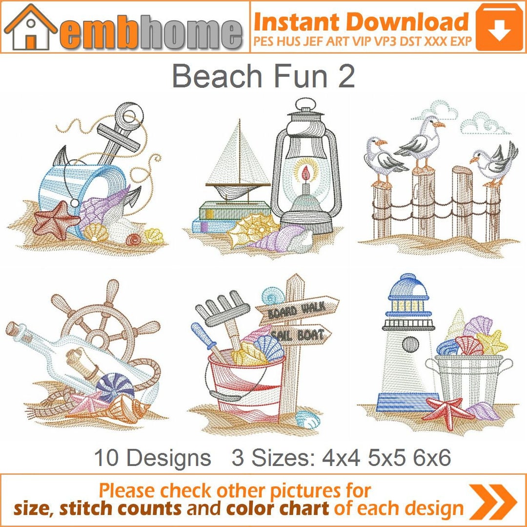 Beach Fun Machine Embroidery Designs Instant Download 4x4 5x5 6x6 Hoop ...