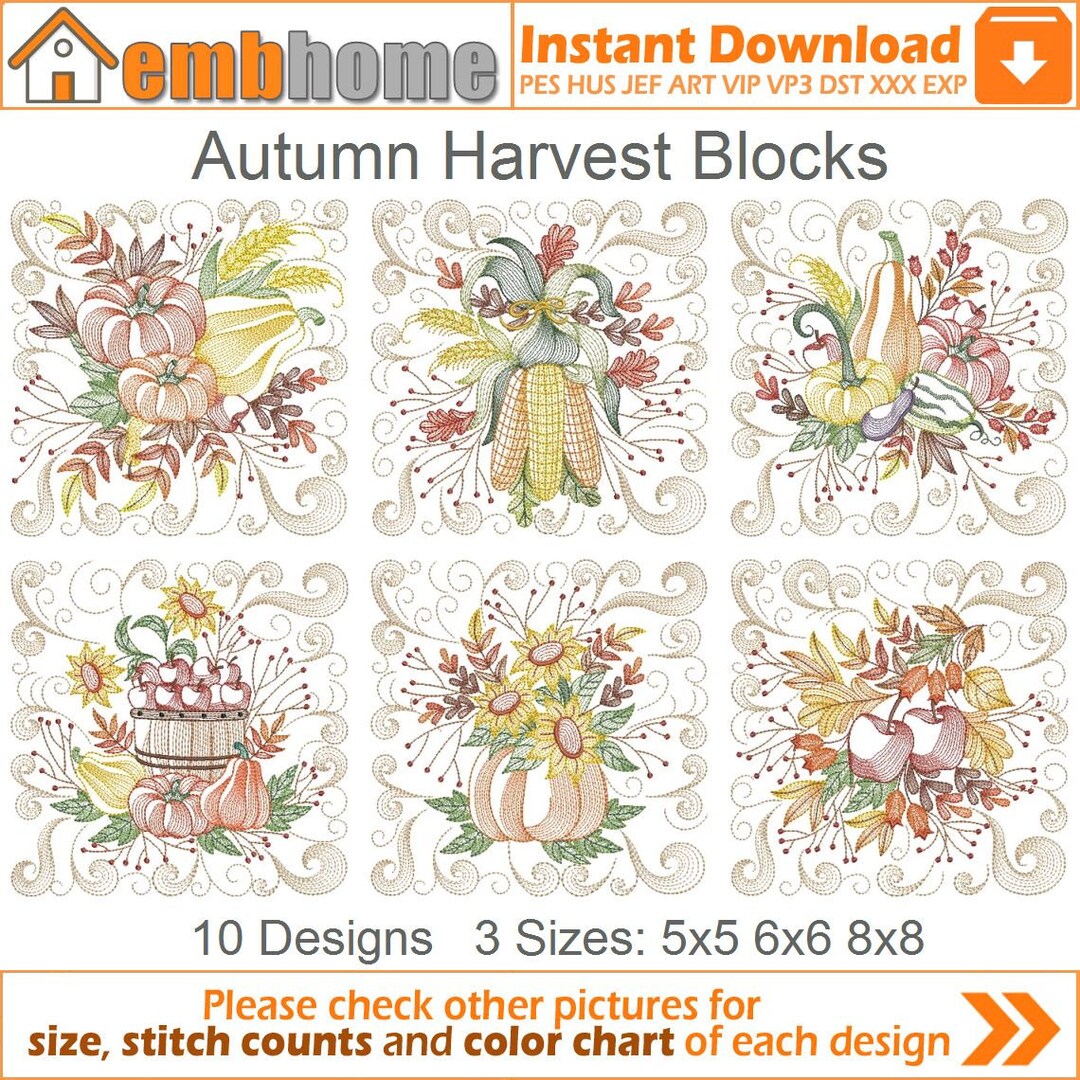 Autumn Harvest Blocks Machine Embroidery Designs Instant Download 5x5 ...