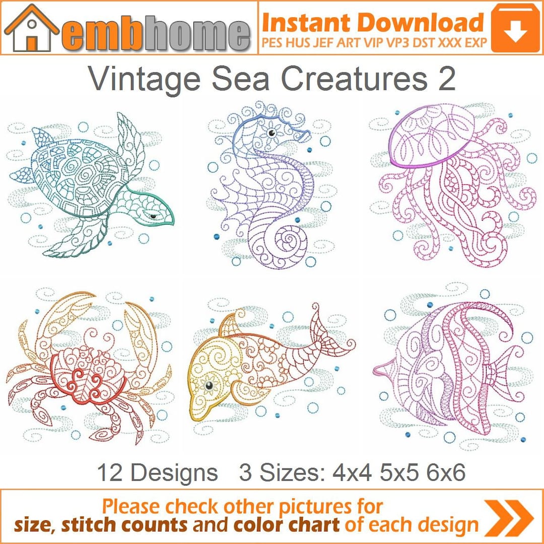 Vintage Sea Creatures Machine Embroidery Designs Pack Instant Download ...