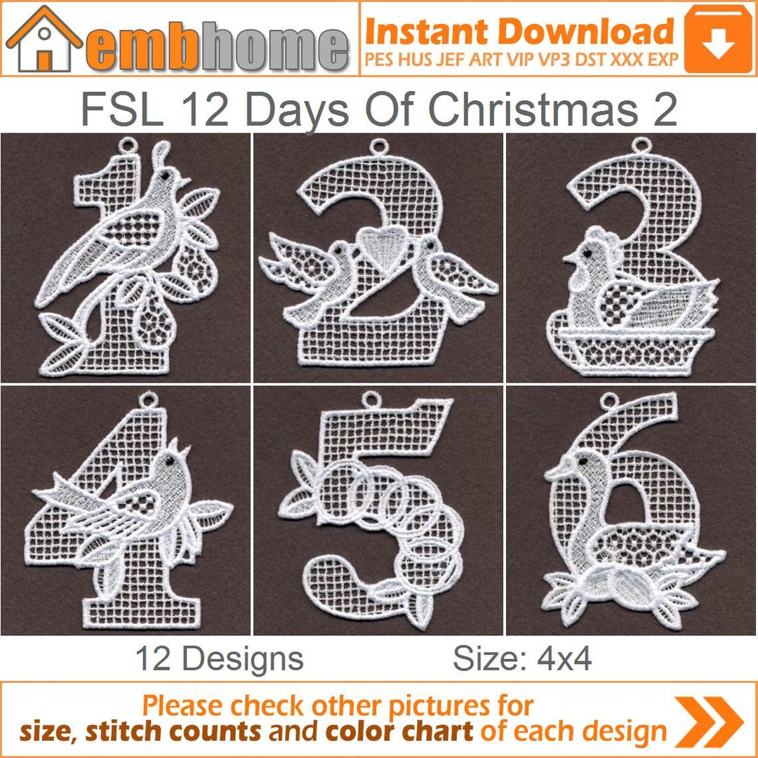 FSL 12 Days of Christmas Ornament Free Standing Lace Machine Embroidery ...