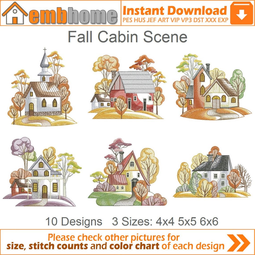 Fall Cabin Scene Machine Embroidery Designs Pack Instant Download 4x4 ...
