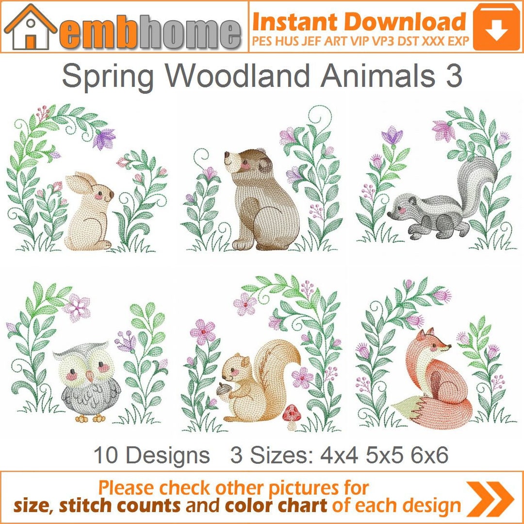 Spring Woodland Animals Machine Embroidery Designs Pack Instant ...