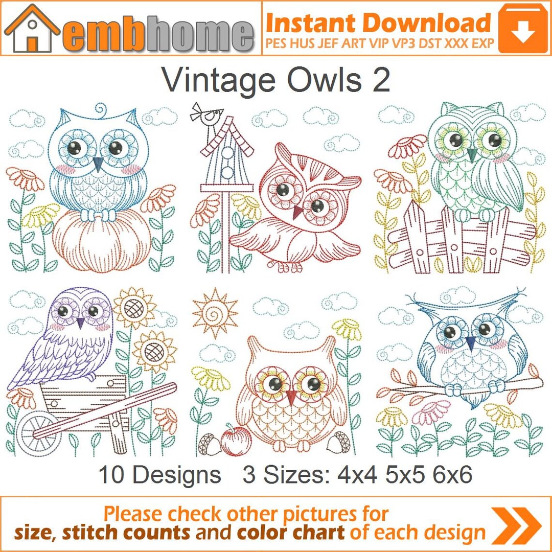 Vintage Owls Machine Embroidery Designs Instant Download 4x4 5x5 6x6 ...