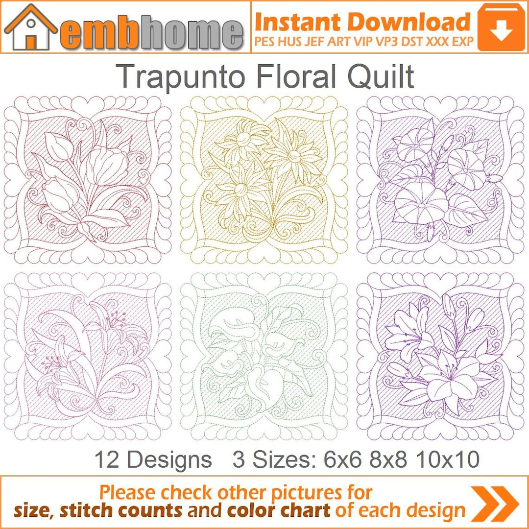 Trapunto Floral Quilt Machine Embroidery Designs Pack Instant Download ...