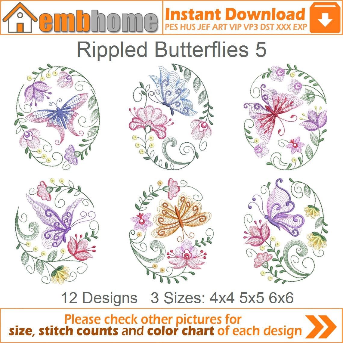 Rippled Butterflies Flowers Machine Embroidery Designs Instant Download ...