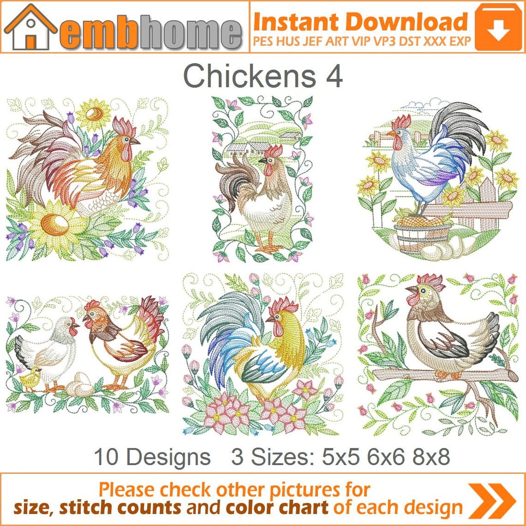 Chickens Machine Embroidery Designs Pack Instant Download 5x5 6x6 8x8 ...