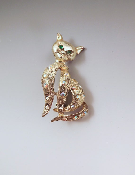 Vintage Cat Brooch Rhinestone Cat Pin Gold Cat Estate | Etsy
