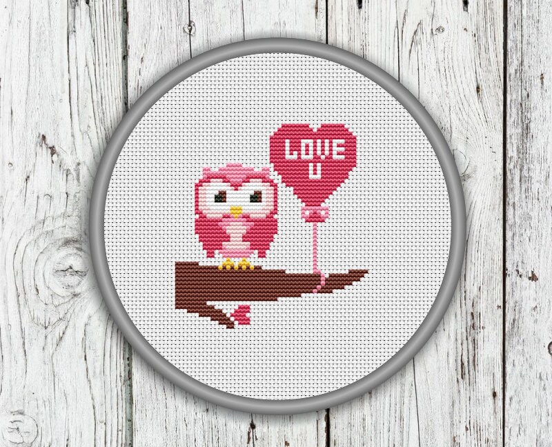 Valentine's Day Owl With Heart Balloon Cross Stitch Pattern, Owl Cross ...
