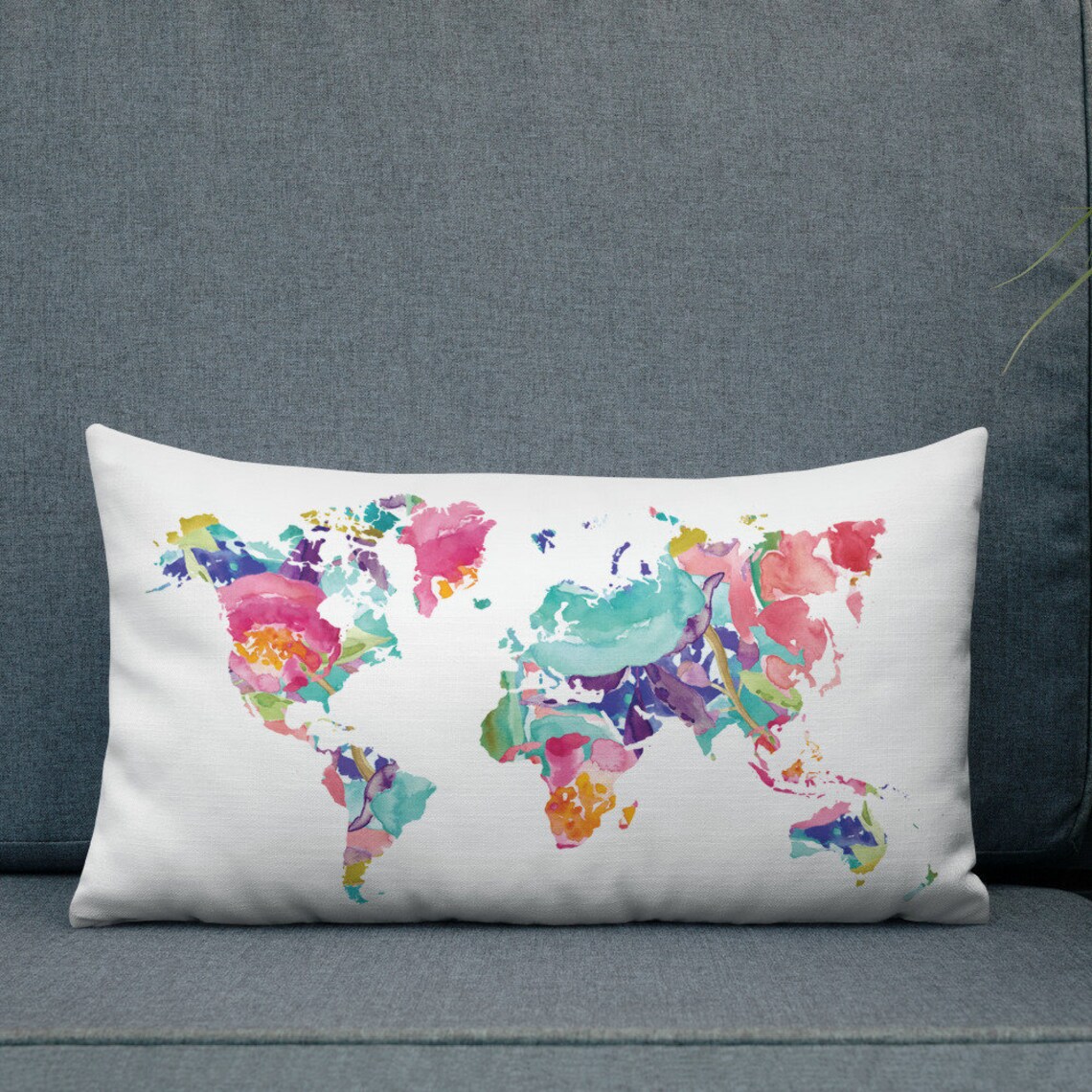 World Map Pillow With Insert Map Throw Pillow Floral Map | Etsy