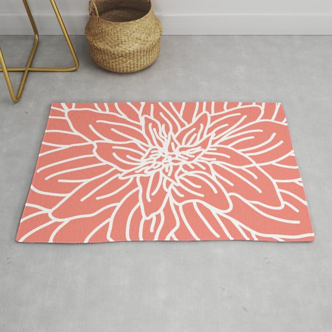 Coral Abstract Flower Area Rug - Modern Flower Rug - Coral and White ...