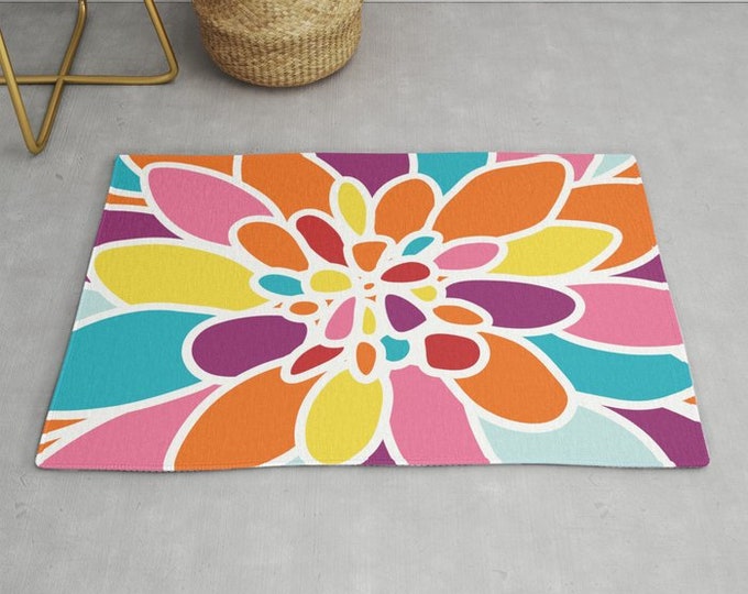 Flower Area Rug Abstract Flower Rug Orange Pink Yellow Turquoise Purple ...
