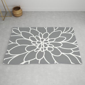 Modern Dahlia Flower Rug Area Rug - Slate Grey and White Flower Rug ...