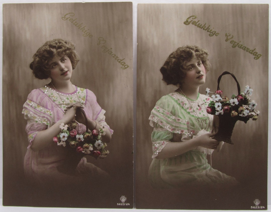 Set of 2 Old Postcards of a Beautiful Woman Holding a Basket of Flowers ...