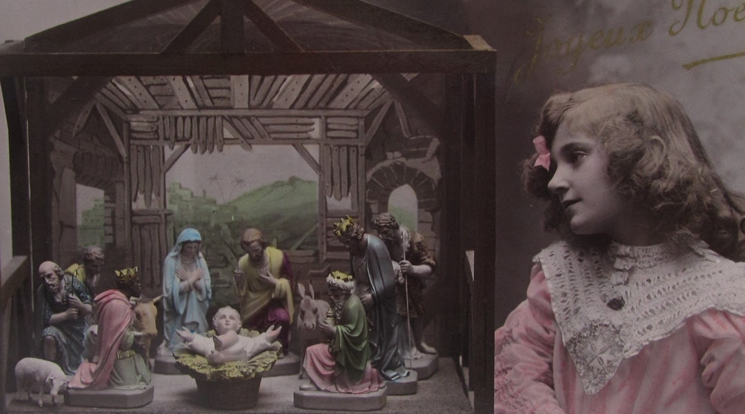 Girl Next to a Nativity Scene, Wonderful Old Postcard of a Little Girl ...
