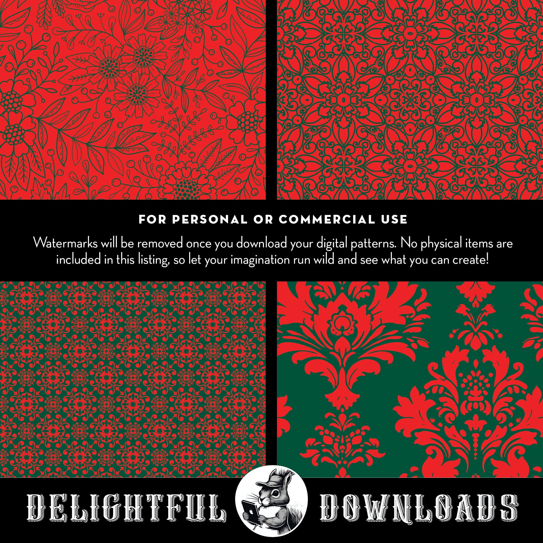 Red and Green Floral Digital Paper, 20 Green and Red Floral Digital ...