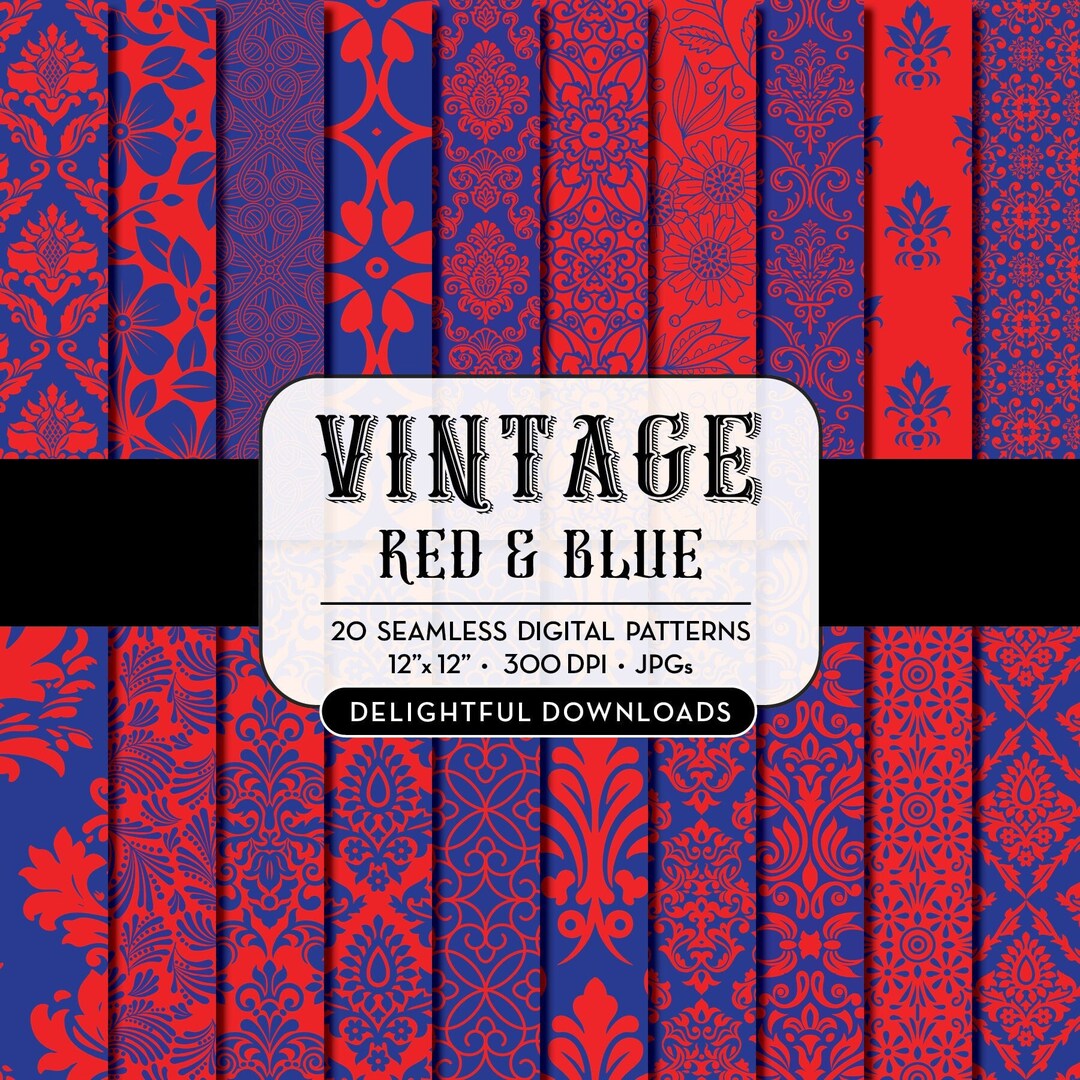 Red and Blue Floral Digital Paper, 20 Red and Blue Floral Damask ...