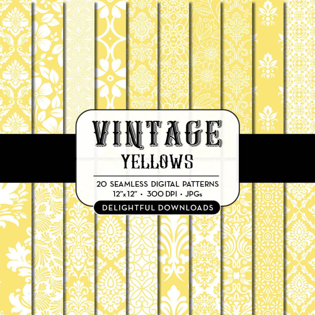 Yellow Floral Digital Paper, 20 Seamless Yellow Floral Damask Digital ...