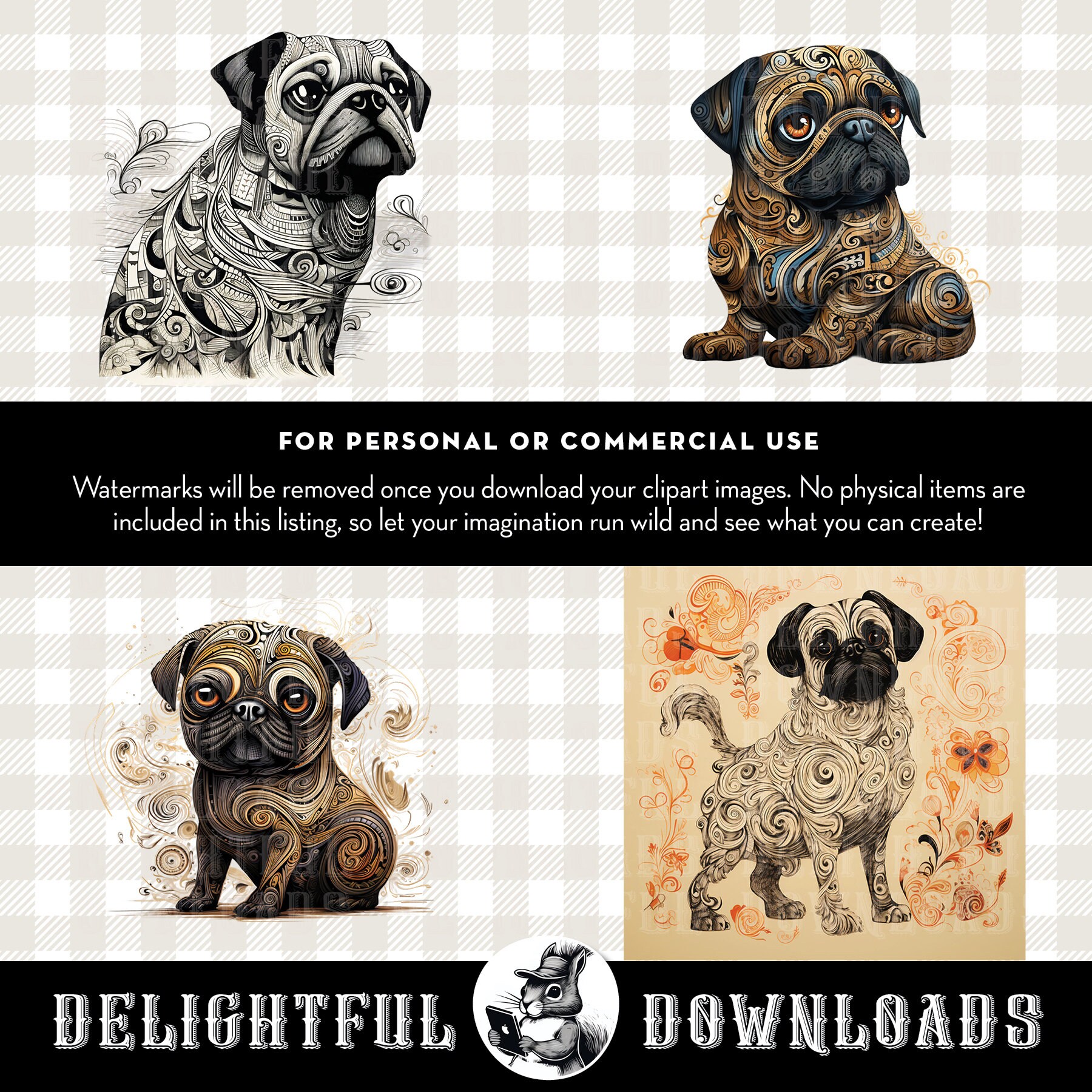 Pug Clipart Cute Dog Clipart Digital Download Pug Bundle PNG Pug ...
