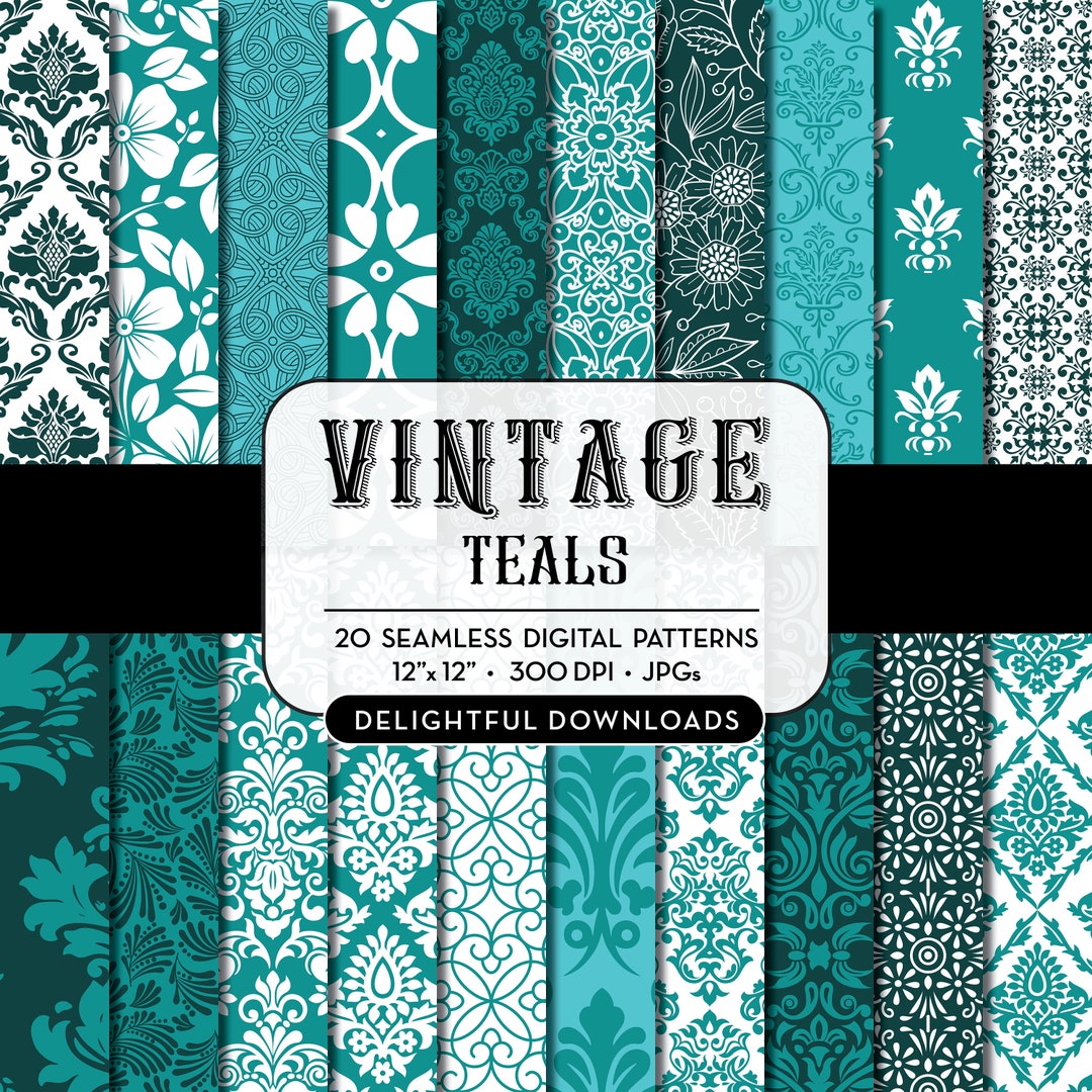 Teal Blue Green Floral Digital Paper "20 VINTAGE Teals" With 20 Teal ...