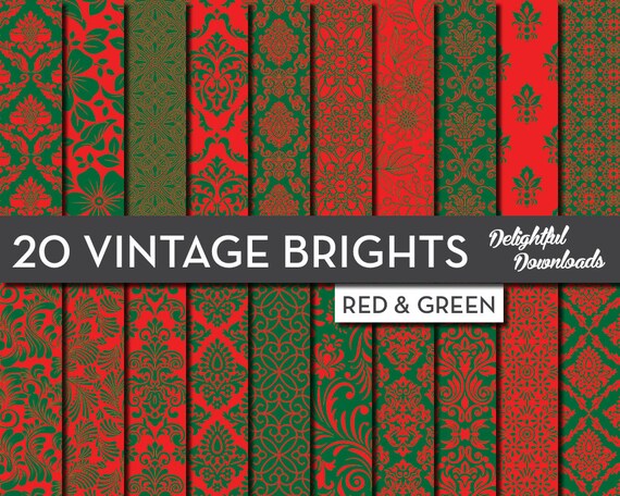 Red and Green Floral Digital Paper 20 VINTAGE BRIGHTS | Etsy