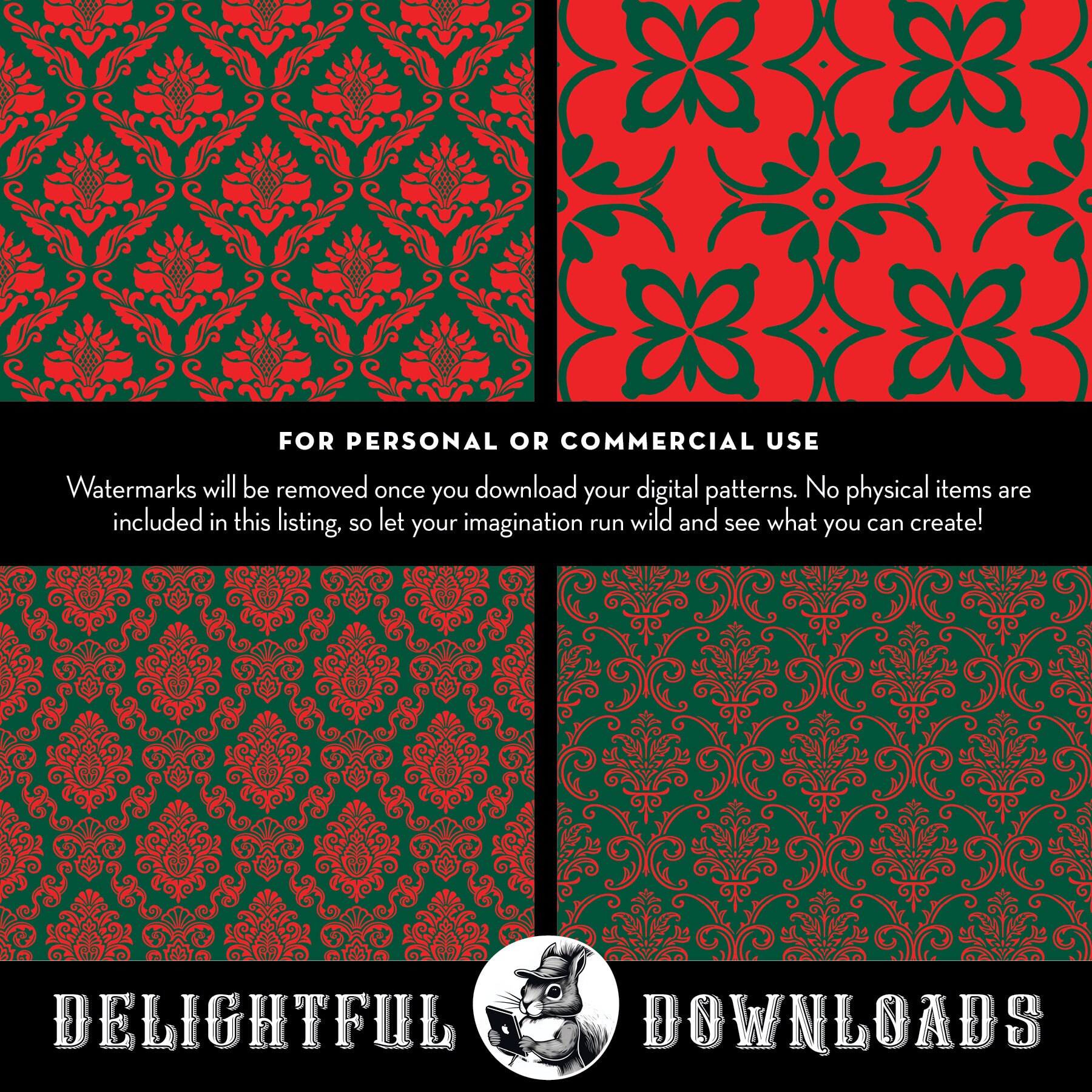 Red and Green Floral Digital Paper, 20 Green and Red Floral Digital ...