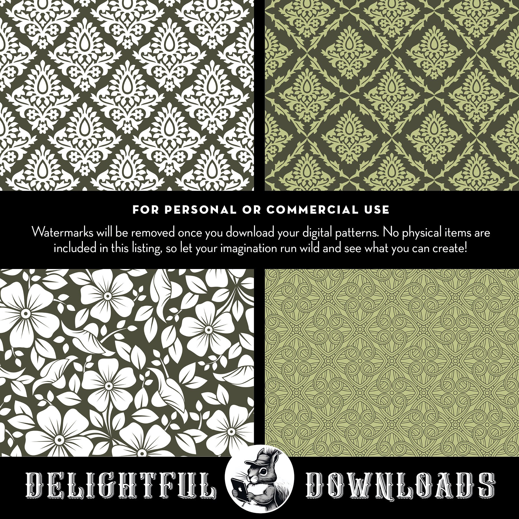 Olive Green Floral Digital Paper, 20 Seamless Olive Green Floral ...