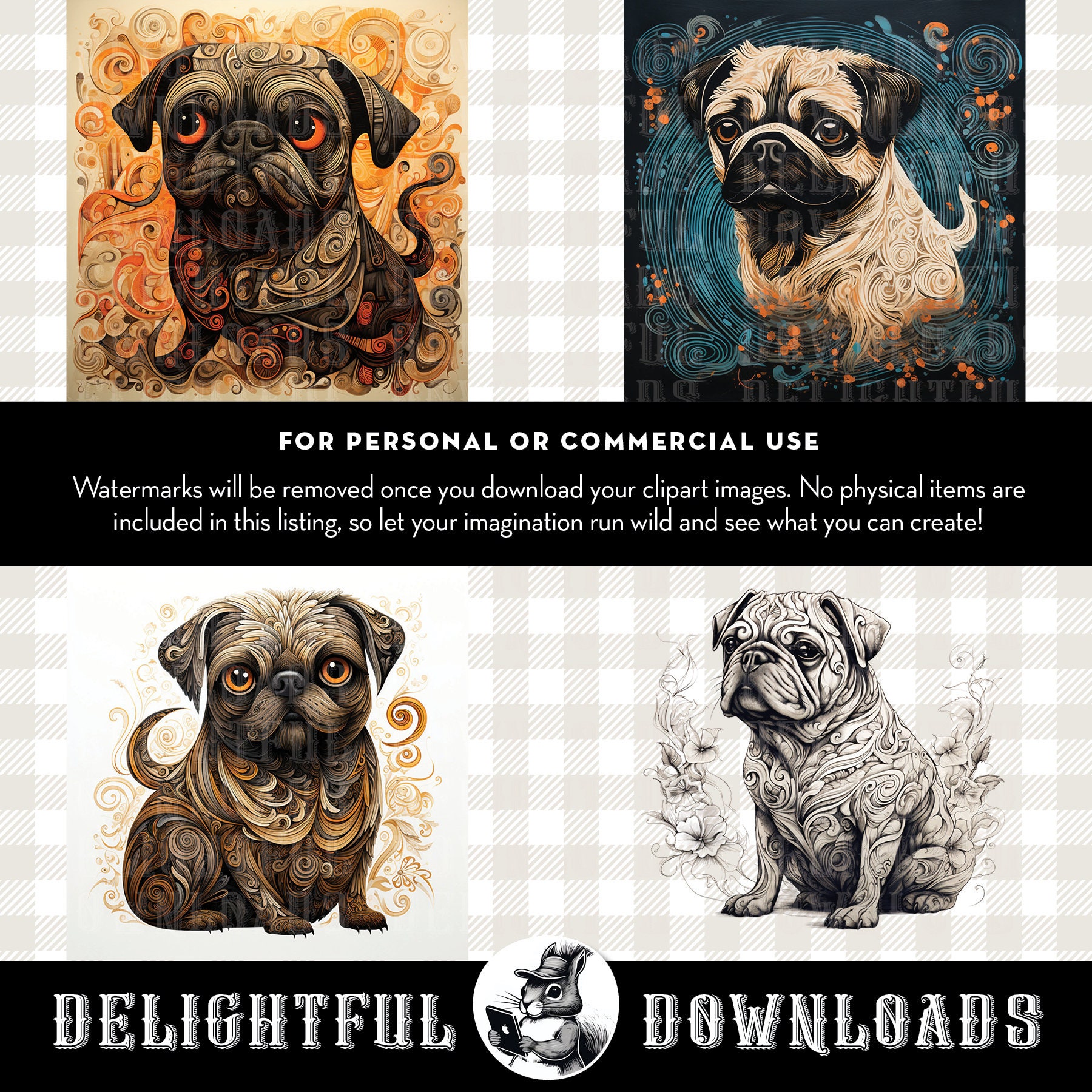 Pug Clipart Cute Dog Clipart Digital Download Pug Bundle PNG Pug ...
