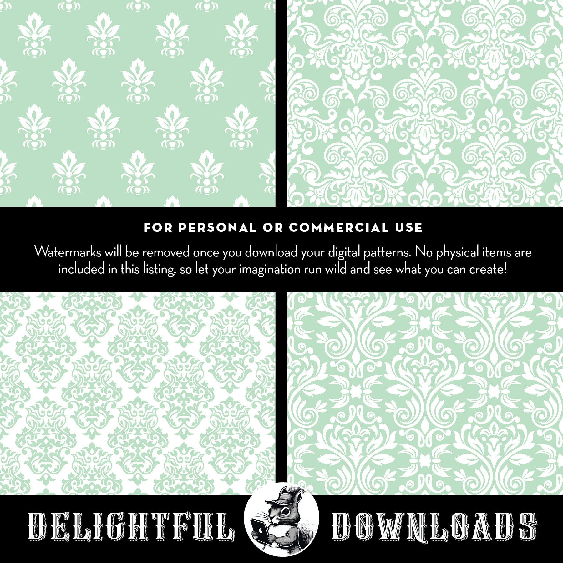 Green Floral Digital Paper, 20 Seamless Green Floral Damask Digital ...
