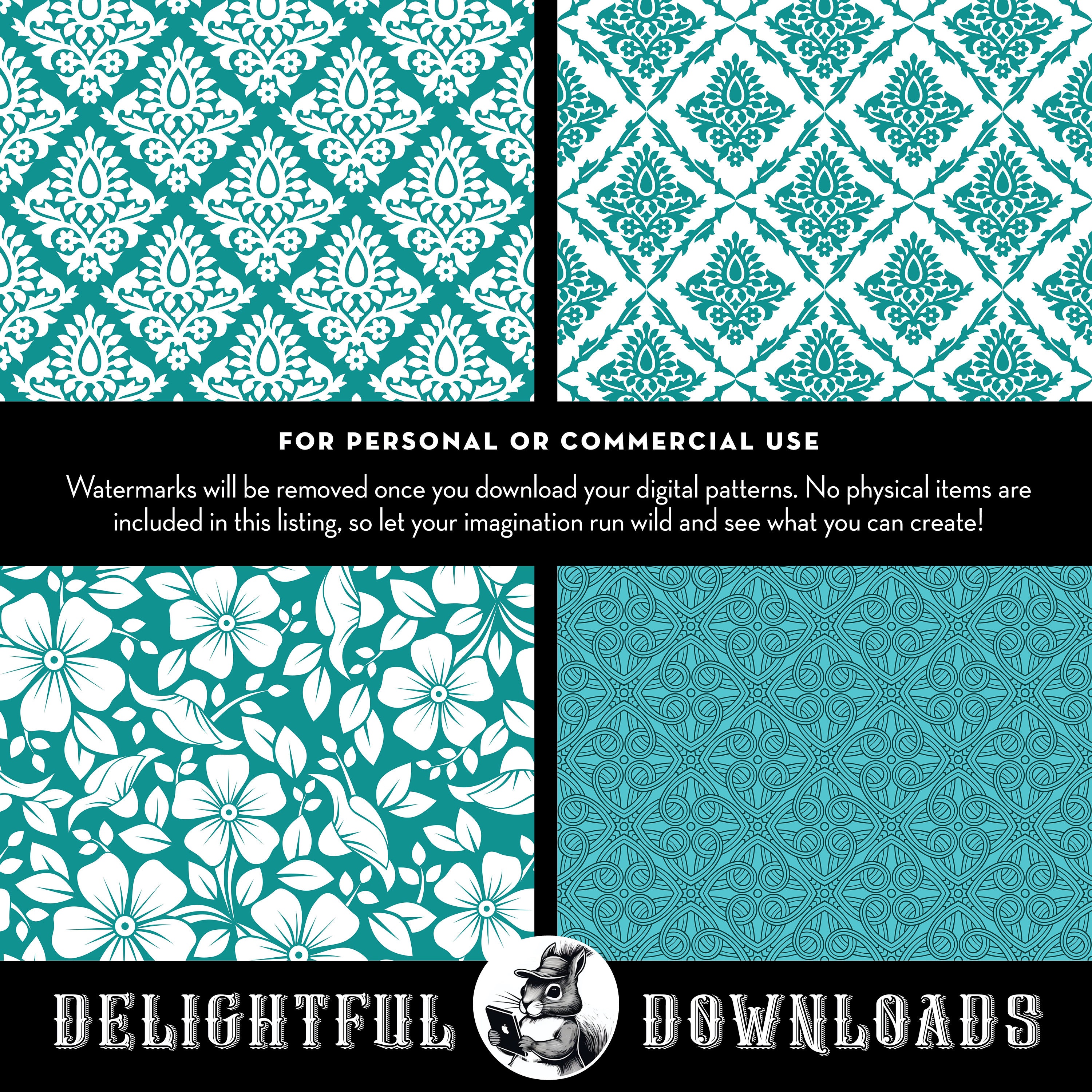 Teal Blue Green Floral Digital Paper "20 VINTAGE Teals" With 20 Teal ...