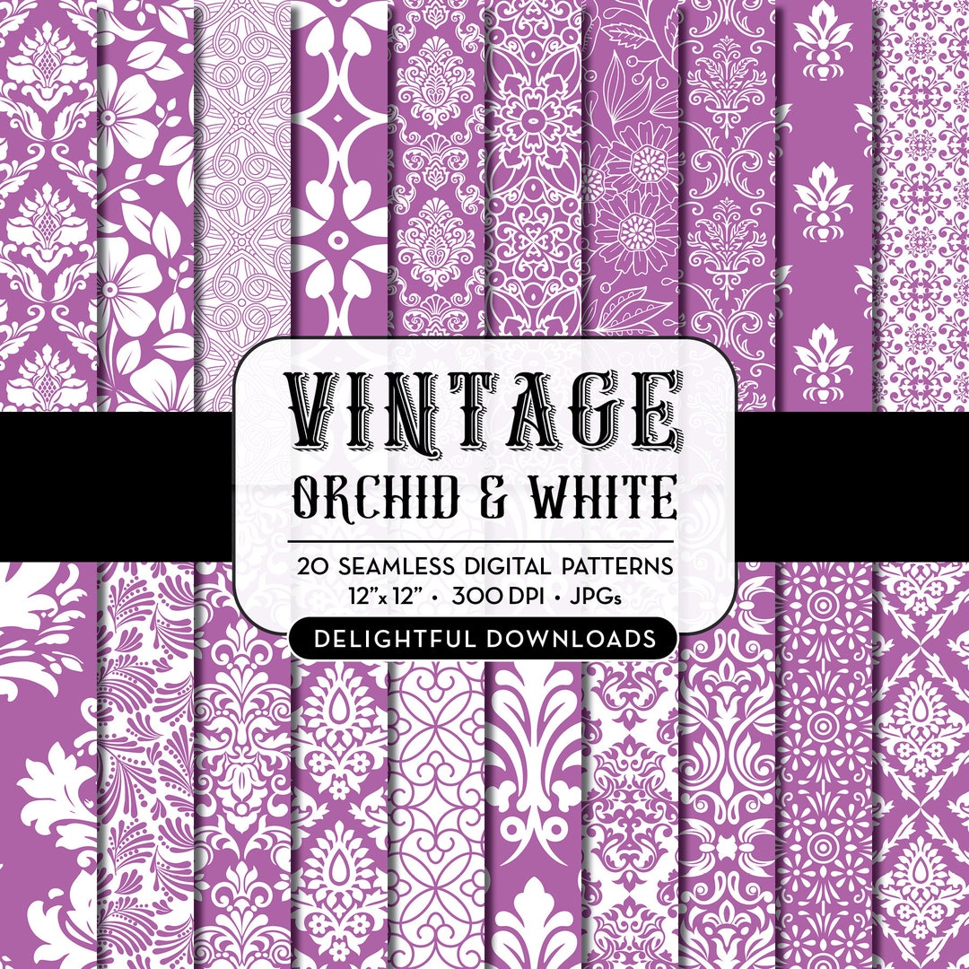 Orchid Floral Digital Paper, 20 Orchid Pinkish Purple Floral Damask ...