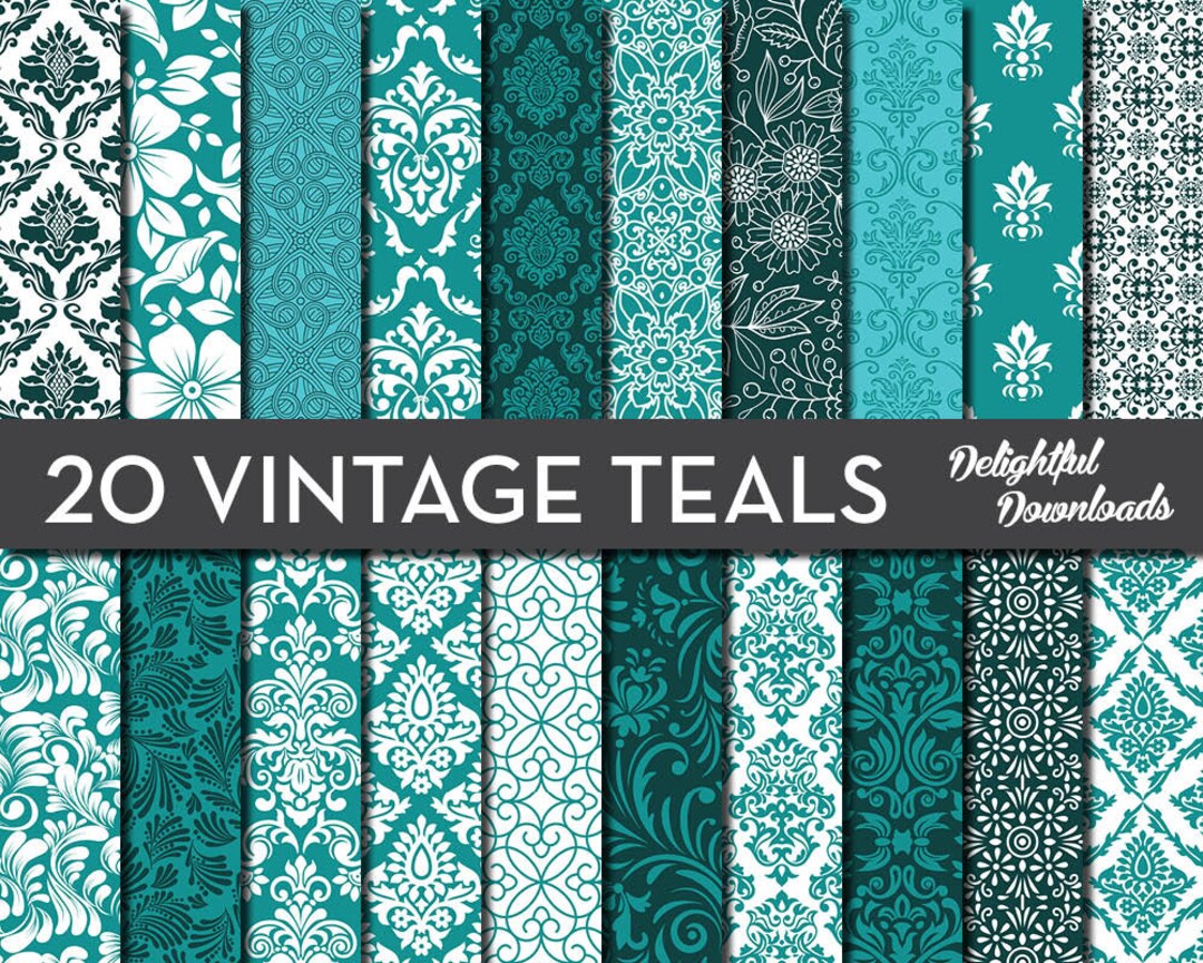 Teal Blue Green Floral Digital Paper 20 VINTAGE - Etsy