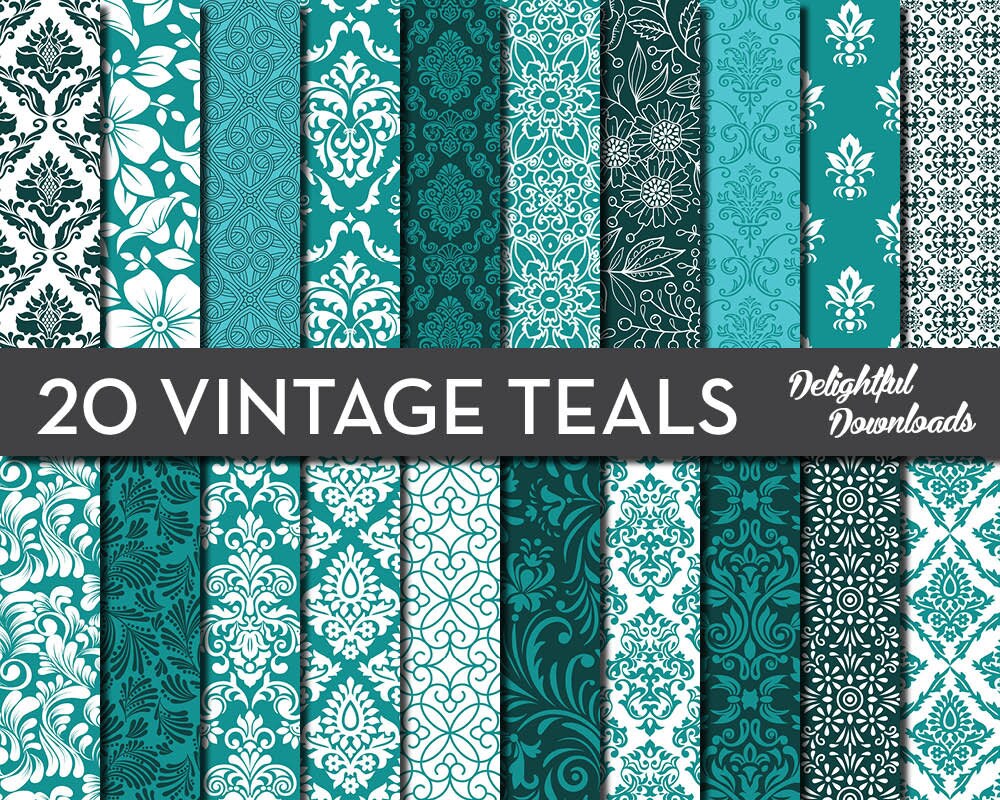 Teal Blue Green Floral Digital Paper 20 VINTAGE | Etsy UK